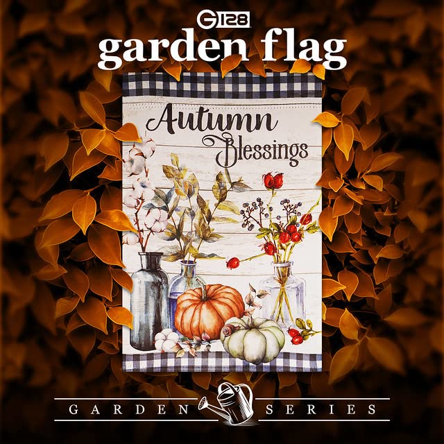 G128 Garden Flag Fall Decoration Autumn Blessings Pumpkins and Flower Vases 12"x18"