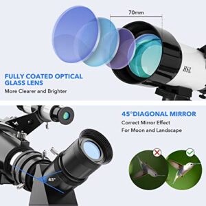 HSL Telescope for Adults & Kids, 70mm Aperture 400mm Focal Length Refractor Telescope for Astronomy Beginners(20x-100x) - Travel Telescopes with Carry Bag and Adapter(White)