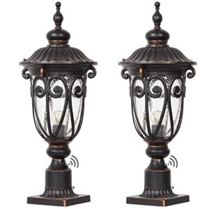 goalplus dusk to dawn outdoor post light fixture 24″ high bronze post lantern with pier mount, exterior pole lighting with seeded glass for yard, garden, patio and pathway, 2 pack, lmms0519-m-2p