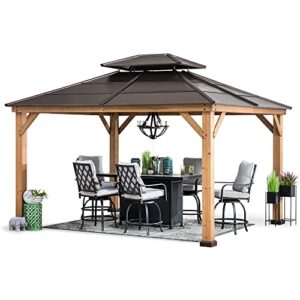 sunjoy hardtop gazebo 11′ x 13′ cedar framed wood gazebo with brown double steel hardtop roof permanent canopy for garden, backyard shade