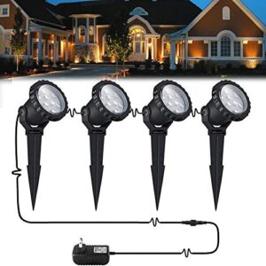 12w led landscape light outdoor landscape spotlights with spike stand 12v low voltage landscape lighting, ip66 waterproof garden yard trees flags pathway lights warm white(800lm, 3000k), 4pack,ul plug