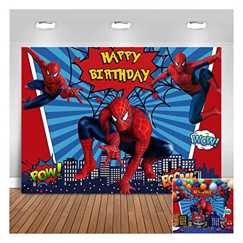 1Superhero City Theme Photography Backdrops Red Blue Stripe Spiderman Children Boys Happy Birthday Party Photo Background 5x3ft Newborn Baby Shower Banner Supplies Cake Dessert Table Decor Props Vinyl