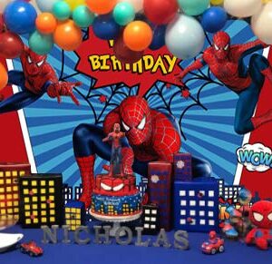 1Superhero City Theme Photography Backdrops Red Blue Stripe Spiderman Children Boys Happy Birthday Party Photo Background 5x3ft Newborn Baby Shower Banner Supplies Cake Dessert Table Decor Props Vinyl