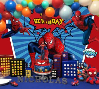 1Superhero City Theme Photography Backdrops Red Blue Stripe Spiderman Children Boys Happy Birthday Party Photo Background 5x3ft Newborn Baby Shower Banner Supplies Cake Dessert Table Decor Props Vinyl