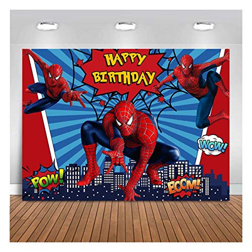 1Superhero City Theme Photography Backdrops Red Blue Stripe Spiderman Children Boys Happy Birthday Party Photo Background 5x3ft Newborn Baby Shower Banner Supplies Cake Dessert Table Decor Props Vinyl