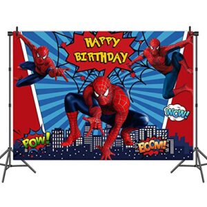 1Superhero City Theme Photography Backdrops Red Blue Stripe Spiderman Children Boys Happy Birthday Party Photo Background 5x3ft Newborn Baby Shower Banner Supplies Cake Dessert Table Decor Props Vinyl