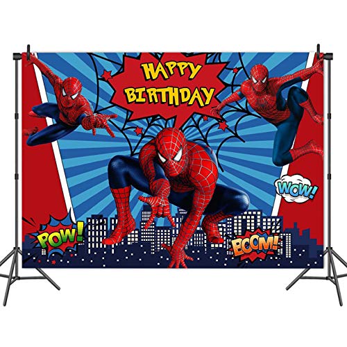 1Superhero City Theme Photography Backdrops Red Blue Stripe Spiderman Children Boys Happy Birthday Party Photo Background 5x3ft Newborn Baby Shower Banner Supplies Cake Dessert Table Decor Props Vinyl