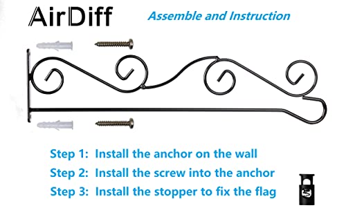 AirDiff Standard Flag Wall Stand Holder Garden Decor Flag Wall Stand Mounting Pole Powder Coated Weather-Proof Paint Metal with Spring Stoppers and Anchor Screws