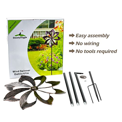 SteadyDoggie Wind Spinner Dahlia 61in Single Blade Easy Spinning Kinetic Wind Spinner for Outside – Vertical Metal Sculpture Stake Construction for Outdoor Yard Lawn & Garden