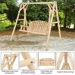 Tangkula Wooden Porch Swing, A-Frame Wood Log Swing Bench Chair, Outdoor Rustic Curved Back Swing Chair for Patio Garden Yard