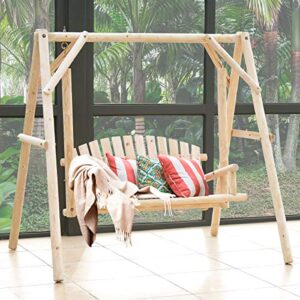 Tangkula Wooden Porch Swing, A-Frame Wood Log Swing Bench Chair, Outdoor Rustic Curved Back Swing Chair for Patio Garden Yard