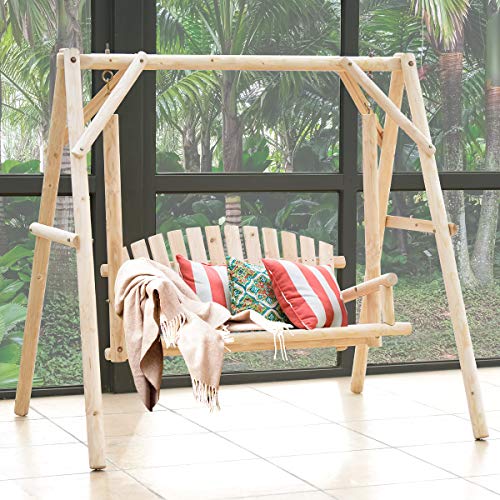 Tangkula Wooden Porch Swing, A-Frame Wood Log Swing Bench Chair, Outdoor Rustic Curved Back Swing Chair for Patio Garden Yard