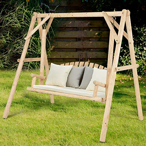 Tangkula Wooden Porch Swing, A-Frame Wood Log Swing Bench Chair, Outdoor Rustic Curved Back Swing Chair for Patio Garden Yard