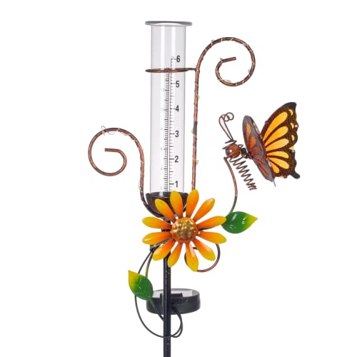 HOBYLUBY Rain Gauge Outdoor, Solar Rain Gauge with 6" Capacity Glass Butterfly for Garden, Lawn, Yard Decor