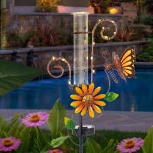 HOBYLUBY Rain Gauge Outdoor, Solar Rain Gauge with 6" Capacity Glass Butterfly for Garden, Lawn, Yard Decor