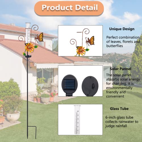 HOBYLUBY Rain Gauge Outdoor, Solar Rain Gauge with 6" Capacity Glass Butterfly for Garden, Lawn, Yard Decor