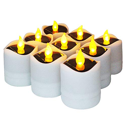 Solar Waterproof Tea Lights Candles,Autbye Warm White Flickering Flameless Electric Candle Lights,Romantic LED Pillar Candle Set for Wedding,Holiday,Garden,Outdoor Indoor Decoration(9 Pack)