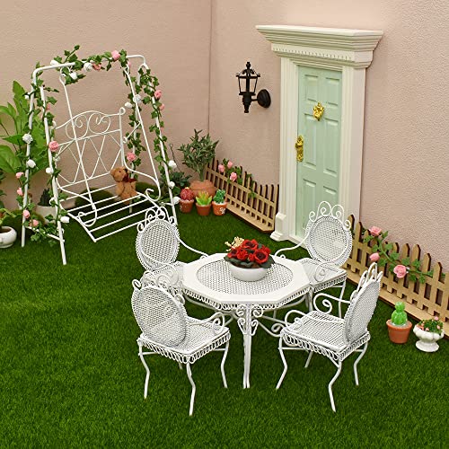 iLAND Fairy Garden Accessories Outdoor incl Swing, Table and Chairs w/Rose Vines, Dollhouse Furniture Set for Dollhouse Garden on 1/12 Scale (Elegant 16pcs)