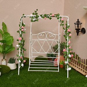 iLAND Fairy Garden Accessories Outdoor incl Swing, Table and Chairs w/Rose Vines, Dollhouse Furniture Set for Dollhouse Garden on 1/12 Scale (Elegant 16pcs)