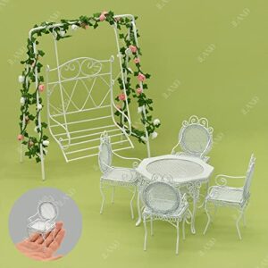 iLAND Fairy Garden Accessories Outdoor incl Swing, Table and Chairs w/Rose Vines, Dollhouse Furniture Set for Dollhouse Garden on 1/12 Scale (Elegant 16pcs)