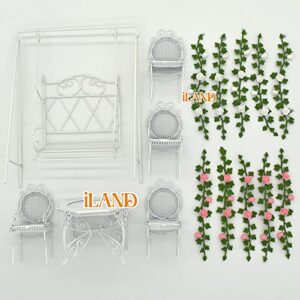 iLAND Fairy Garden Accessories Outdoor incl Swing, Table and Chairs w/Rose Vines, Dollhouse Furniture Set for Dollhouse Garden on 1/12 Scale (Elegant 16pcs)