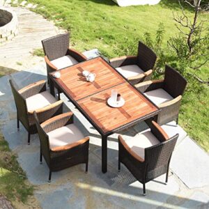 tangkula 7 pcs outdoor patio dining set, garden dining set w/acacia wood table top, stackable chairs with soft cushion, poly wicker dining table and chairs set (brown)