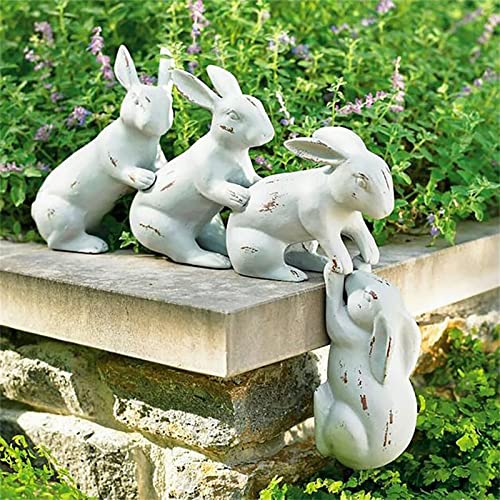 JDQTEES Saved by Hare Sculpture,Four Connected White Resin Bunnies Statues, Easter Rabbit Art Garden Sculpture Decor,Garden Resin Crafts Animal Sculpture Decoration(Four Lian Rabbit)