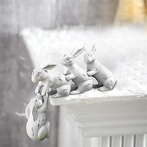 JDQTEES Saved by Hare Sculpture,Four Connected White Resin Bunnies Statues, Easter Rabbit Art Garden Sculpture Decor,Garden Resin Crafts Animal Sculpture Decoration(Four Lian Rabbit)