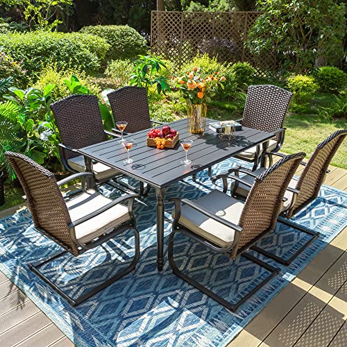 MIXPATIO Outdoor Patio Dining Set 7 Pcs, 6 Rattan C-Spring Motion Chairs with Padded Removable Sponge Cushion & Metal Dining Table, Patio Furniture Set for Lawn, Garden, Yards, Poolside