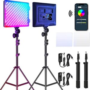 gvm rgb led video lights photography lighting kit, 50w bi-color 3200k-5600k studio lights, 2-packs 672 led beads app control film lights panels for videography/streaming/gaming/youtube cri 97+