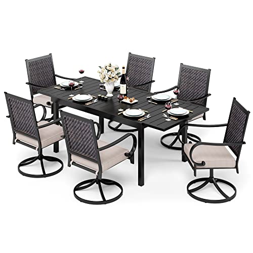 MIXPATIO Outdoor Patio Dining Set 7 Pcs, Patio Dining Table Chair, 6 Rattan Swivel Chairs with Cushions and 1 Metal Rectangular Dining Table (Expandable), for Lawn, Garden, Yards, Poolside