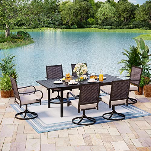 MIXPATIO Outdoor Patio Dining Set 7 Pcs, Patio Dining Table Chair, 6 Rattan Swivel Chairs with Cushions and 1 Metal Rectangular Dining Table (Expandable), for Lawn, Garden, Yards, Poolside