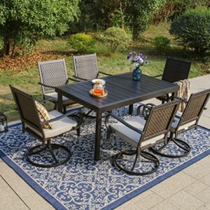 MIXPATIO Outdoor Patio Dining Set 7 Pcs, Patio Dining Table Chair, 6 Rattan Swivel Chairs with Cushions and 1 Metal Rectangular Dining Table (Expandable), for Lawn, Garden, Yards, Poolside