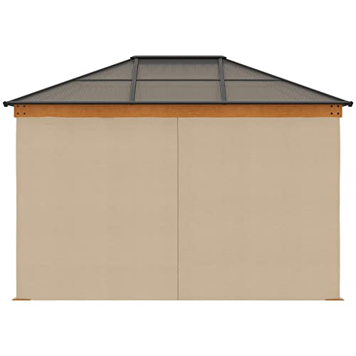 Outsunny 10' x 12' Hardtop Gazebo Canopy with Polycarbonate Roof, Wood Grain Aluminum Frame, Permanent Pavilion Outdoor Gazebo with Netting and Curtains for Patio, Garden, Backyard