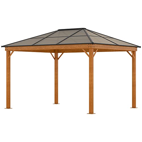 Outsunny 10' x 12' Hardtop Gazebo Canopy with Polycarbonate Roof, Wood Grain Aluminum Frame, Permanent Pavilion Outdoor Gazebo with Netting and Curtains for Patio, Garden, Backyard