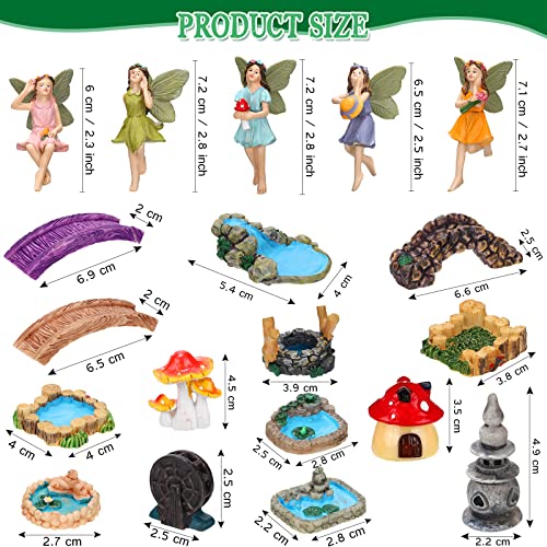 19 Pcs Fairy Garden Miniatures Figures Resin Garden Mushroom House Figures Fake Pond Lawn Bridge Water Well Lighthouse Water Well Bridge Figurines Cake Topper for Plant Pots Bonsai Decoration