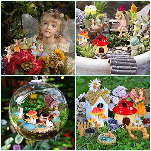 19 Pcs Fairy Garden Miniatures Figures Resin Garden Mushroom House Figures Fake Pond Lawn Bridge Water Well Lighthouse Water Well Bridge Figurines Cake Topper for Plant Pots Bonsai Decoration