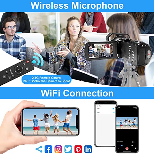 Video Camera 4K Camcorder 56MP Video with Wireless Microphone 16× Digital Zoom Digital Camera YouTube Camera 3’’ Touch Screen with 2.4G Remote Control, 32G SD Card