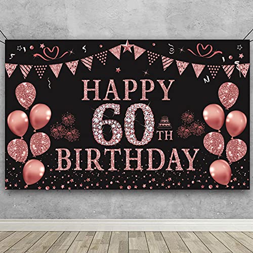 Trgowaul 60th Birthday Decorations for Women Rose Gold Birthday Backdrop Banner 5.9 X 3.6 Fts Happy Birthday Party Suppiles Photography Supplies Background Happy 60th Birthday Decoration