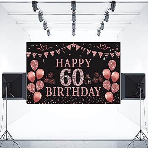 Trgowaul 60th Birthday Decorations for Women Rose Gold Birthday Backdrop Banner 5.9 X 3.6 Fts Happy Birthday Party Suppiles Photography Supplies Background Happy 60th Birthday Decoration