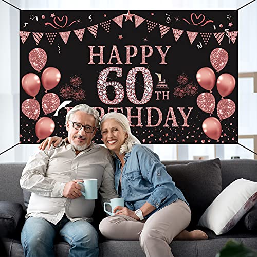 Trgowaul 60th Birthday Decorations for Women Rose Gold Birthday Backdrop Banner 5.9 X 3.6 Fts Happy Birthday Party Suppiles Photography Supplies Background Happy 60th Birthday Decoration