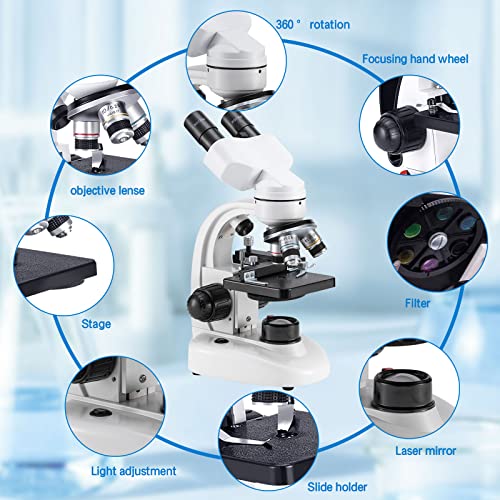 Compound Binocular Microscope, WF10x and WF25x Eyepieces,40X-2000X Magnification, LED Illumination Two-Layer Mechanical Stage