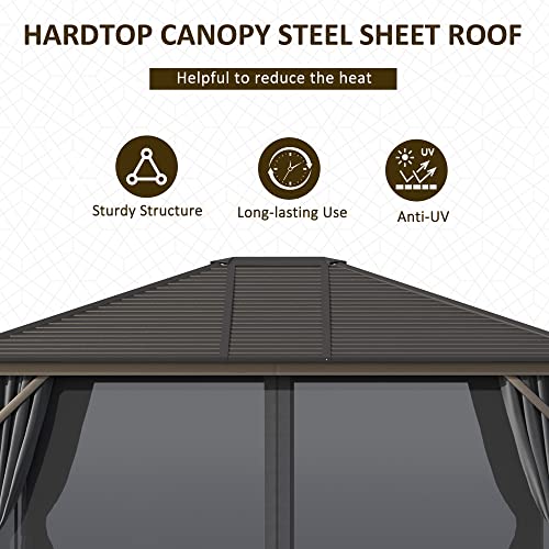 Outsunny 10' x 12' Hardtop Gazebo Canopy with Galvanized Steel Roof, Aluminum Frame, Permanent Pavilion Outdoor Gazebo with Hooks, Netting and Curtains for Patio, Garden, Backyard, Gray