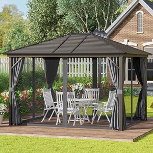 Outsunny 10' x 12' Hardtop Gazebo Canopy with Galvanized Steel Roof, Aluminum Frame, Permanent Pavilion Outdoor Gazebo with Hooks, Netting and Curtains for Patio, Garden, Backyard, Gray