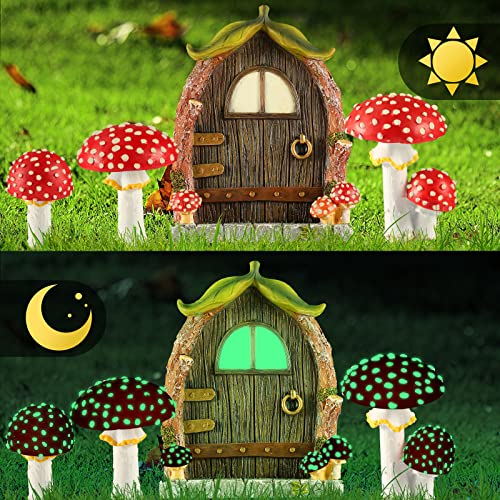 JFMAMJ Fairy Door and Mushrooms for Garden, Glow in The Dark Fairy Garden Decor Accessories, Fairy Wild Garden Accessories Resin Miniature Garden Accessories, Micro Landscape, Mushroom Statue