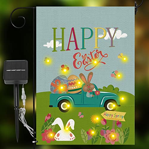 Happy Easter Garden Flag with Lights Solar Powered Double Sided Welcome Spring Outdoor Decor Yard Flag Lights Rabbit Lawn Outdoor Decoration 12.5 x 18 Inch Linen Flag Easter Gift Garden Decor Flag Lights