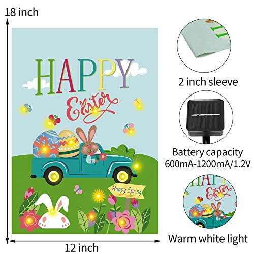 Happy Easter Garden Flag with Lights Solar Powered Double Sided Welcome Spring Outdoor Decor Yard Flag Lights Rabbit Lawn Outdoor Decoration 12.5 x 18 Inch Linen Flag Easter Gift Garden Decor Flag Lights