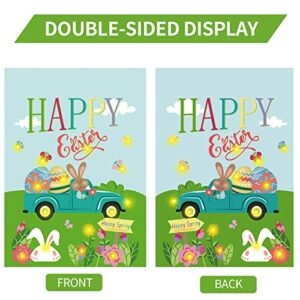 Happy Easter Garden Flag with Lights Solar Powered Double Sided Welcome Spring Outdoor Decor Yard Flag Lights Rabbit Lawn Outdoor Decoration 12.5 x 18 Inch Linen Flag Easter Gift Garden Decor Flag Lights