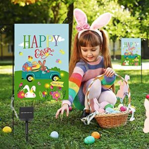 Happy Easter Garden Flag with Lights Solar Powered Double Sided Welcome Spring Outdoor Decor Yard Flag Lights Rabbit Lawn Outdoor Decoration 12.5 x 18 Inch Linen Flag Easter Gift Garden Decor Flag Lights