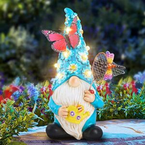 foreby garden gnome statues outdoor decor solar gnomes statue,garden gnomes decor with butterfly on led lighted flowers, gnomes sculpture for patio yard lawn onament decoration